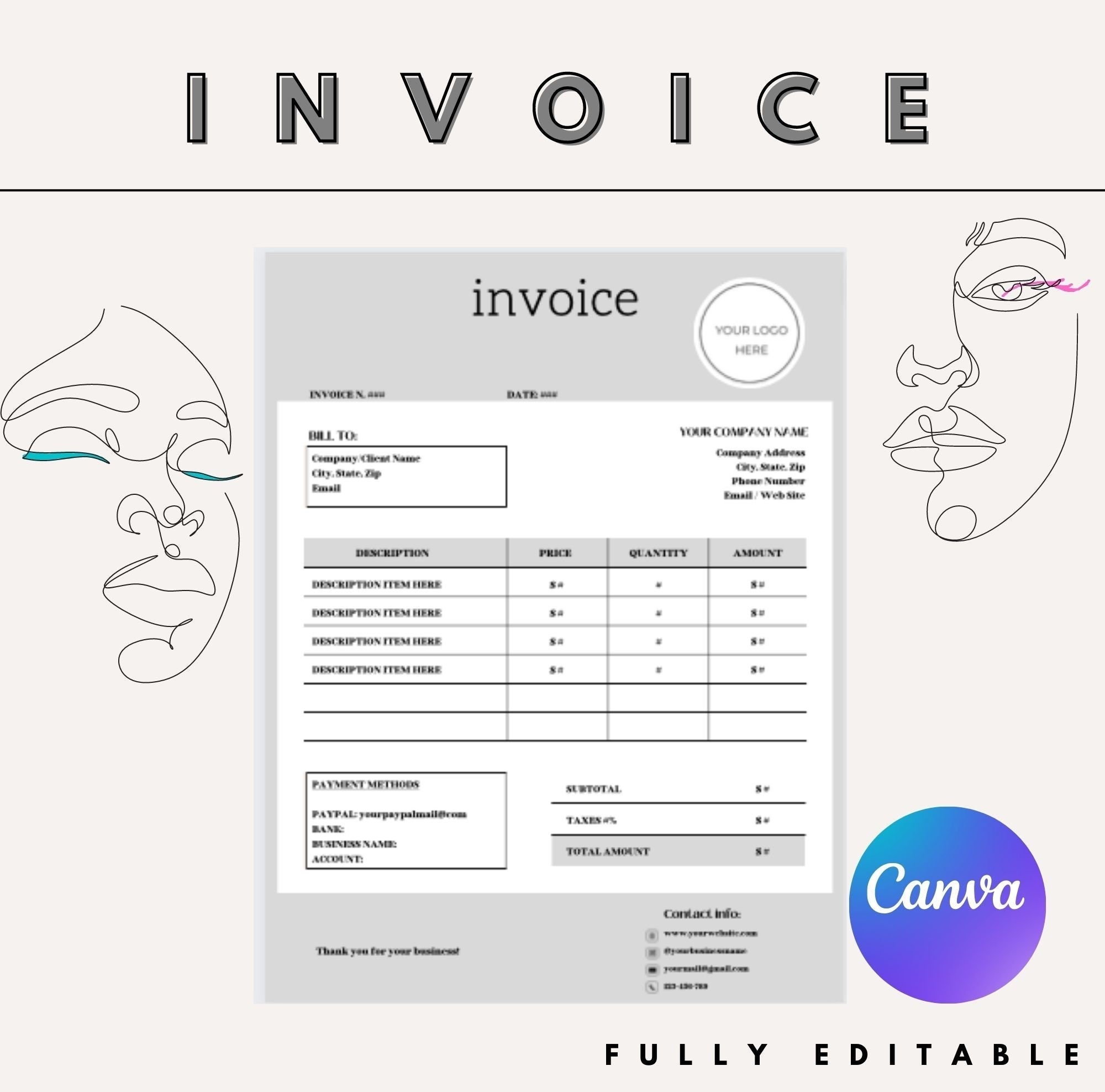 Invoice Editable Template . Printable Order Form Invoice . - Etsy