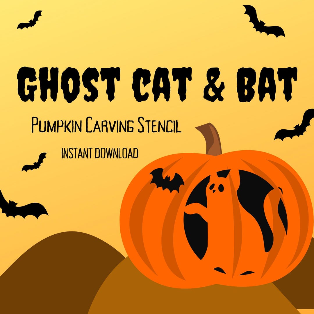 Ghost Cat & Bat Pumpkin Carving Stencil | 1 Unique Kitty Cat Halloween ...