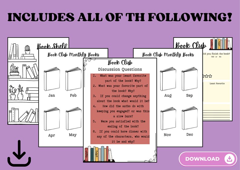 Printable and Downloadable Book Club Questions, Book Club Tracker, Book ...