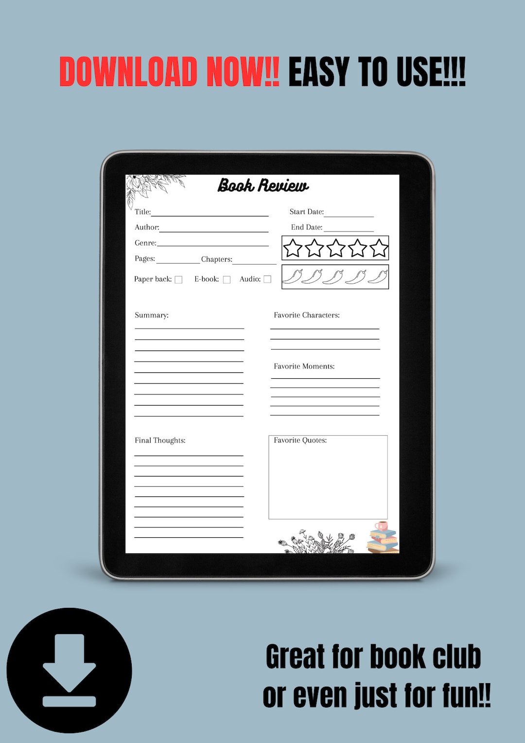 Book Club Review Template - PDF - Digital - Book Review - Etsy