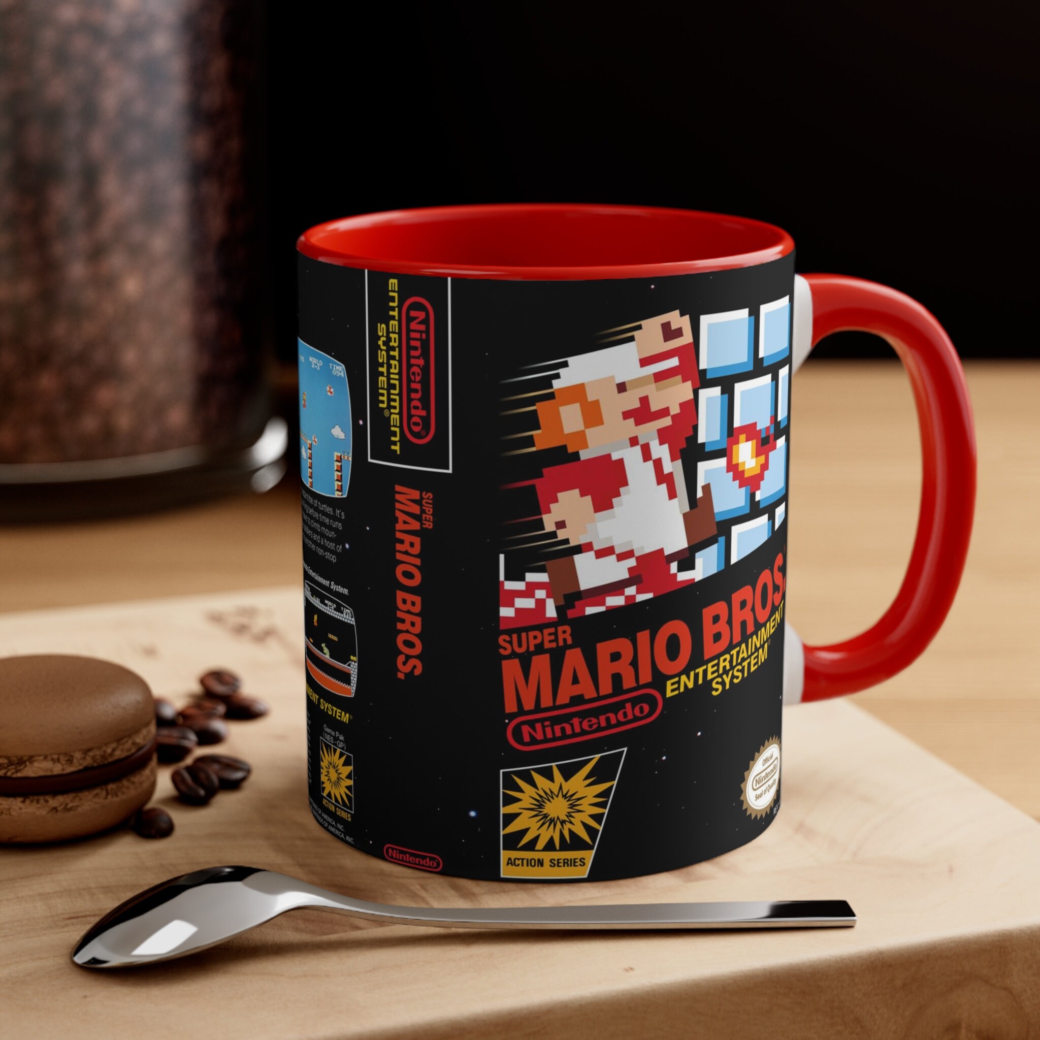 S Mario Bros NES 8 Bit Game Box Cover Famicom Accent Coffee Mug, 11 Oz ...