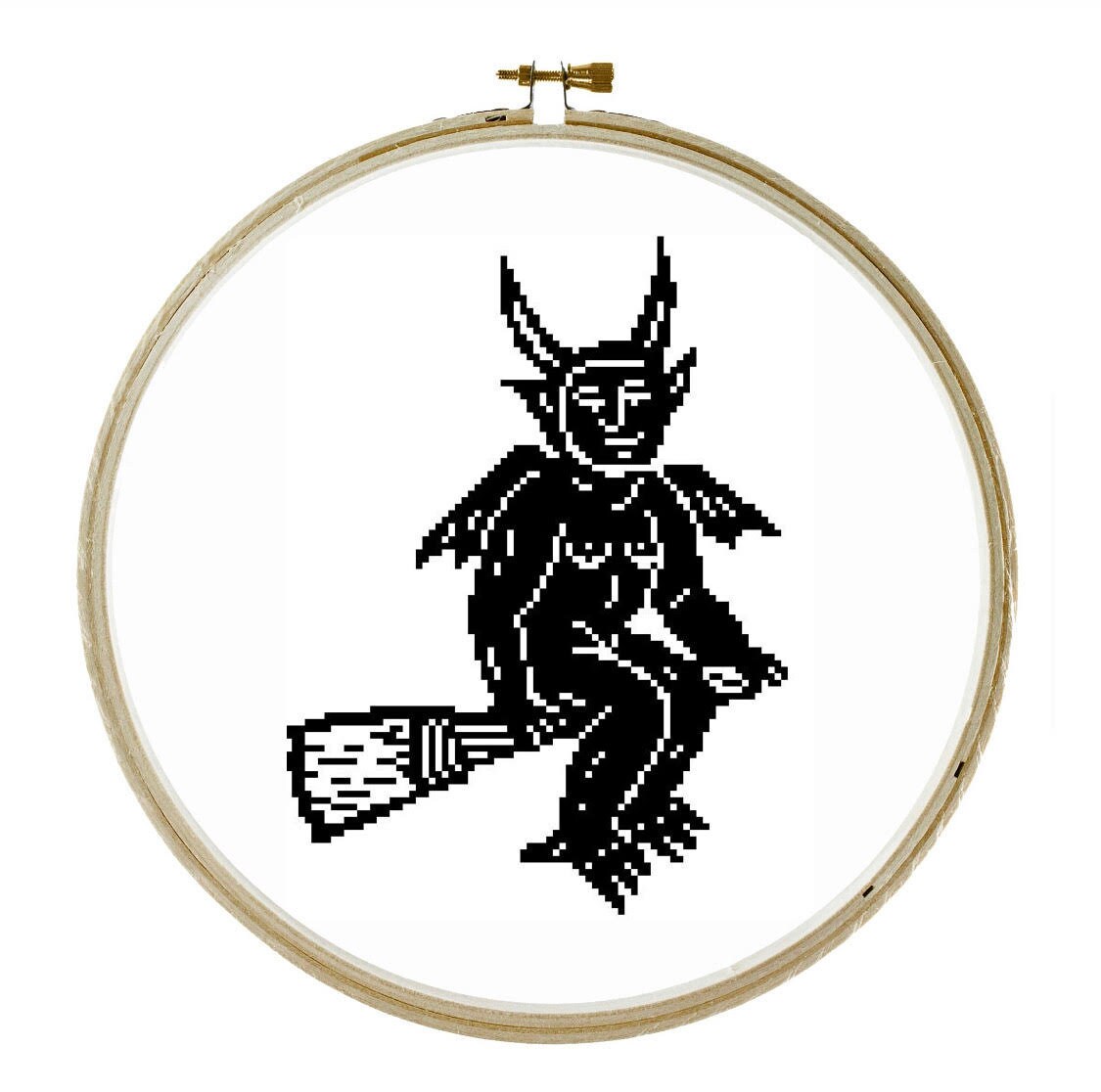 Woodcut Occult Demon & Witch Riding on Broom Cross Stitch Pattern PDF ...
