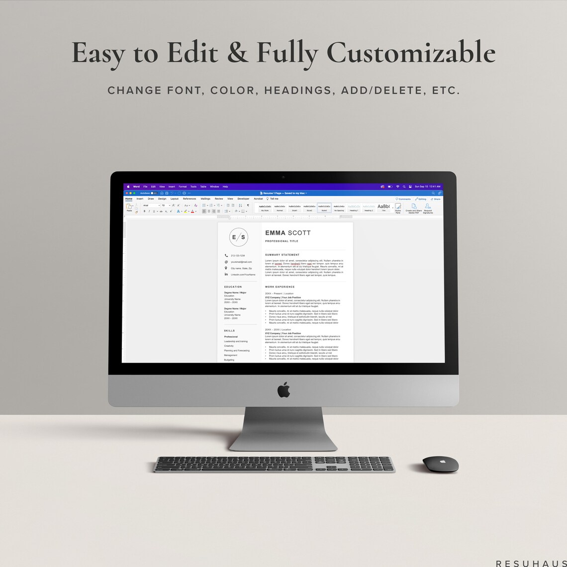 Monogram Resume, Resume Template Word, Google Docs Resume, One, Two ...