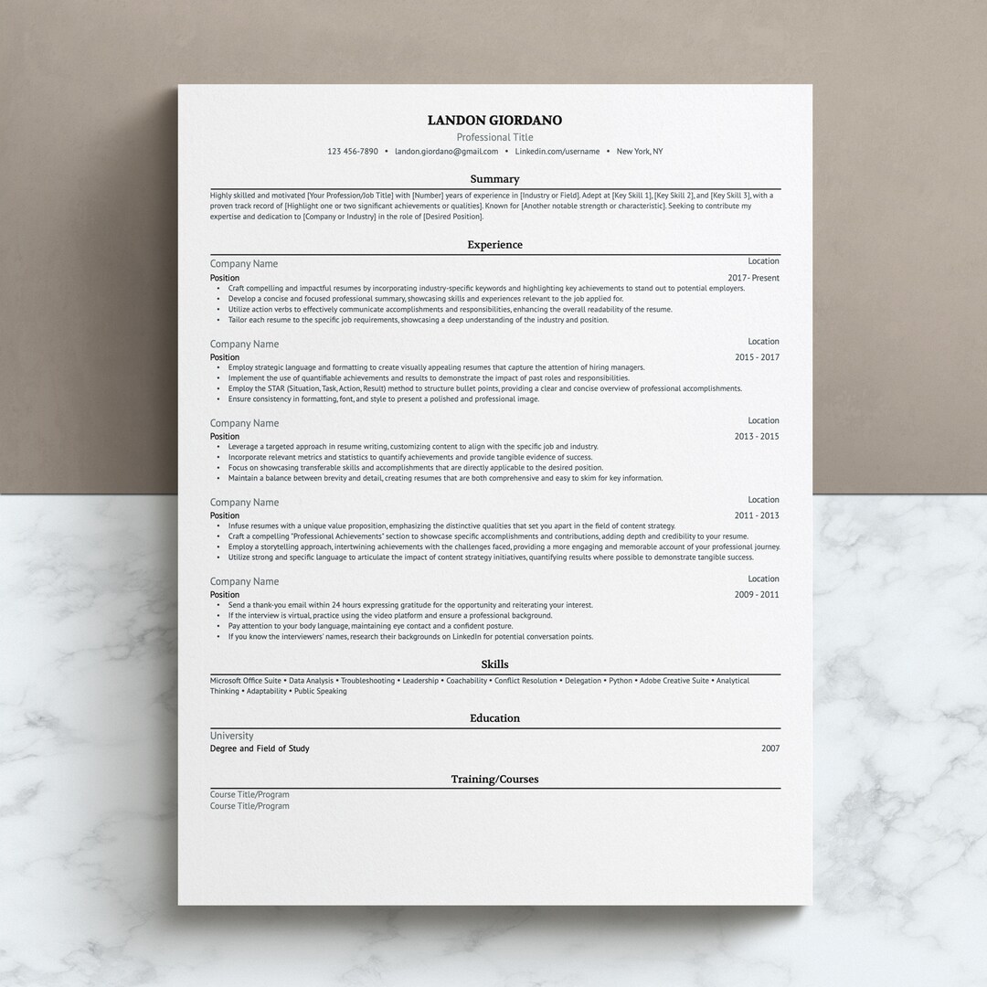 ATS Friendly Resume Template Word Pages Google Docs Resume - Etsy