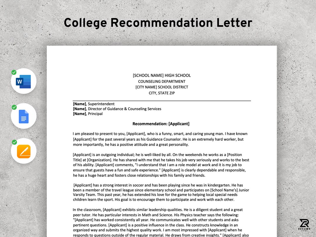 College Letter of Recommendation Recommendation Letter - Etsy