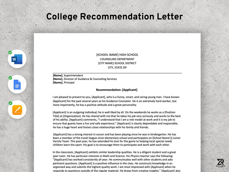 College Letter of Recommendation Recommendation Letter - Etsy