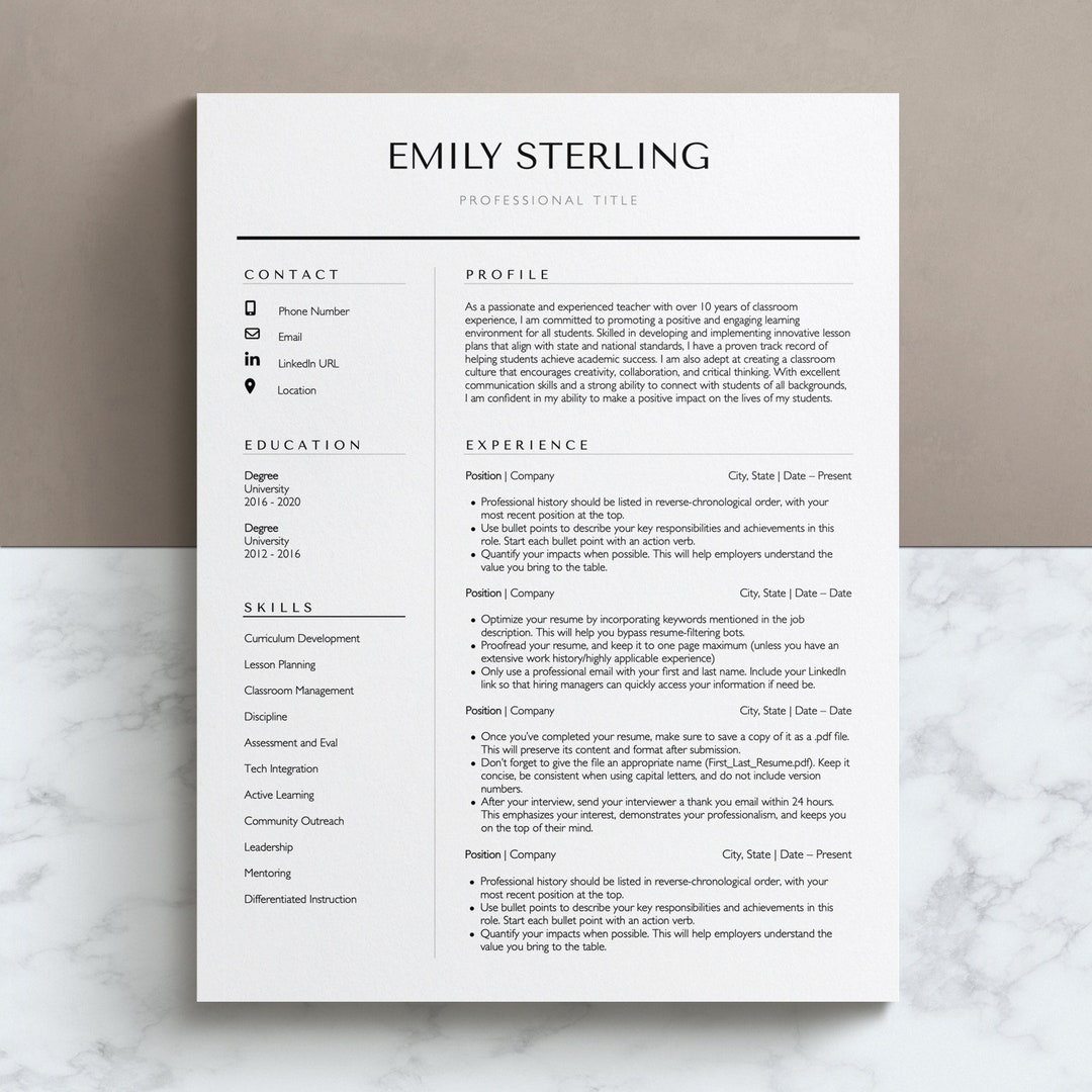 Teacher Resume Template for Word, Google Docs, Teacher Resume and Cover ...