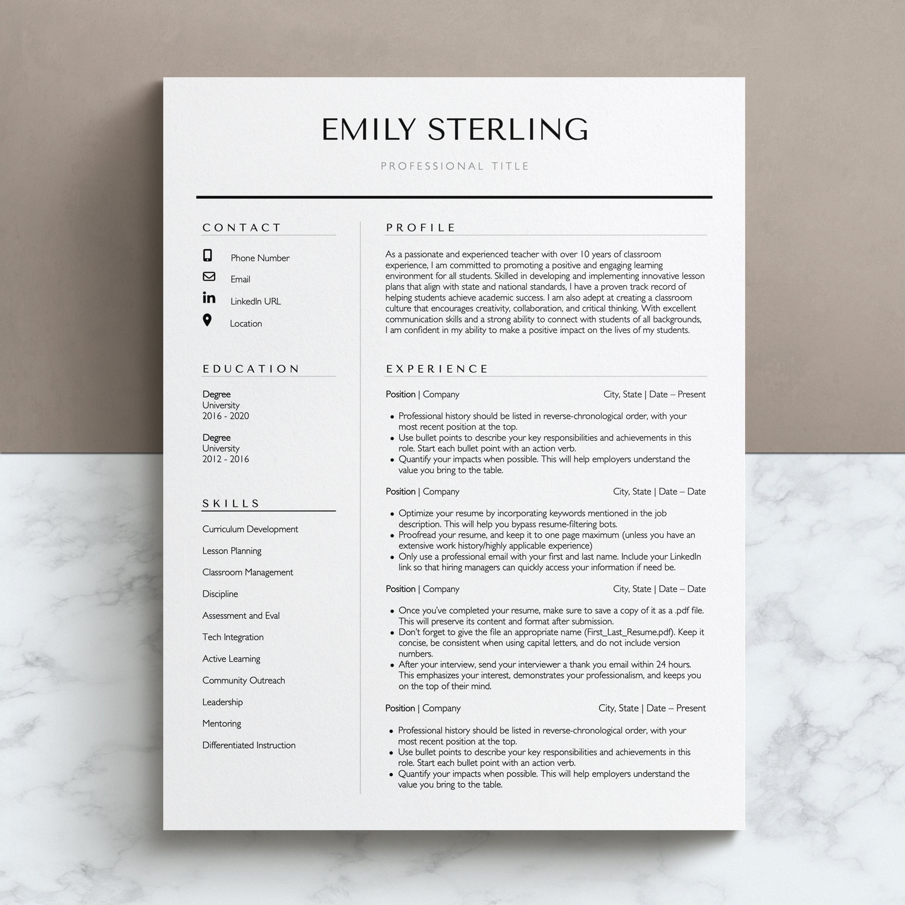 Teacher Resume Template for Word, Google Docs, Teacher Resume and Cover ...