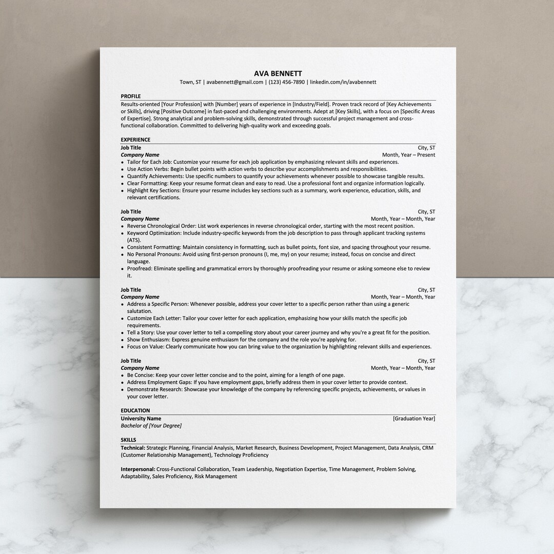 ATS Friendly Resume Template for Google Docs Word Pages - Etsy