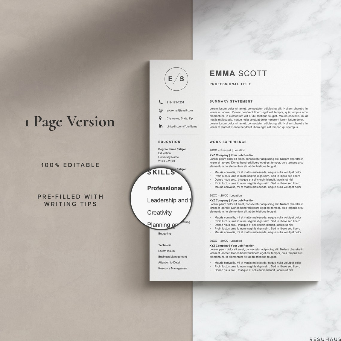 Monogram Resume, Resume Template Word, Google Docs Resume, One, Two ...