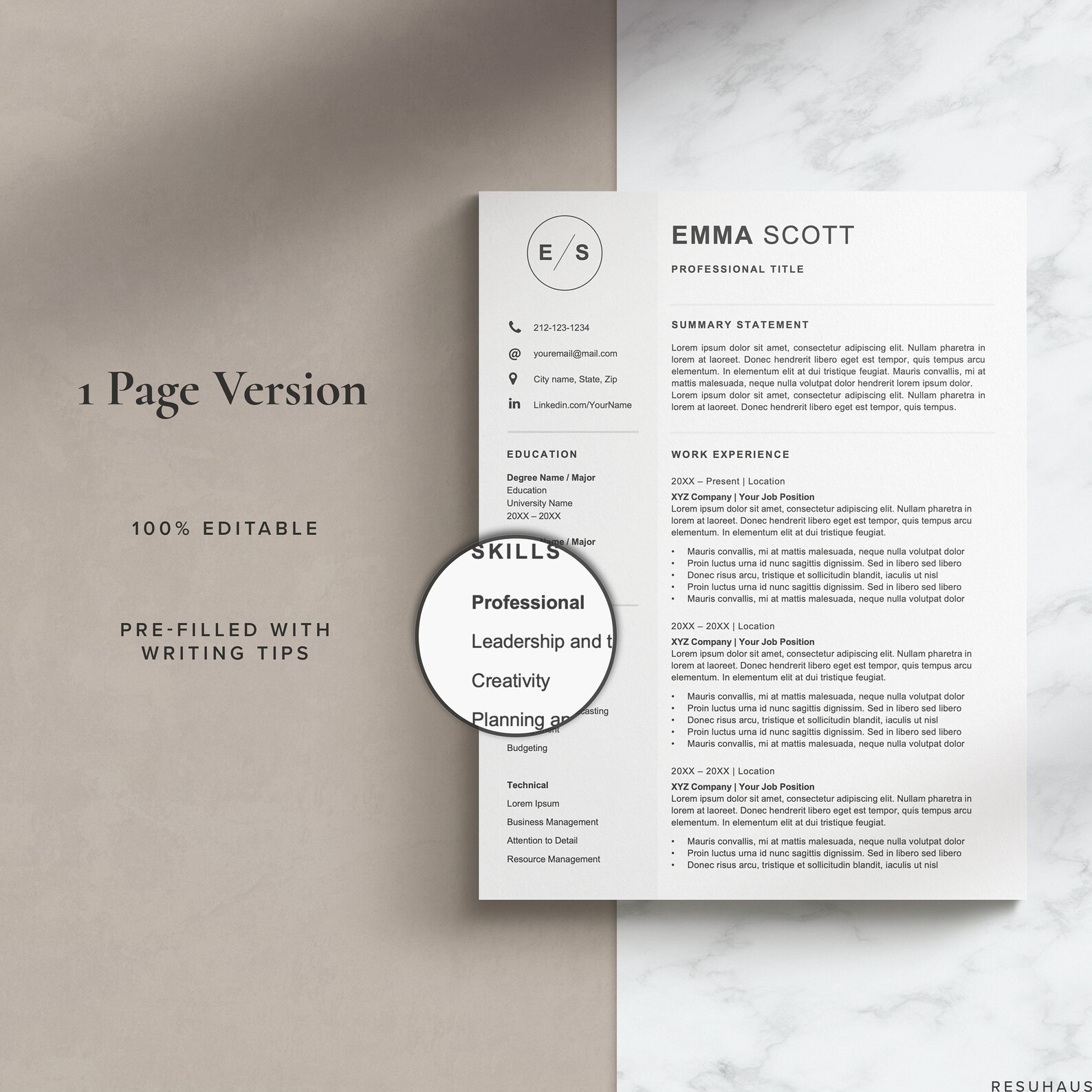 Monogram Resume, Resume Template Word, Google Docs Resume, One, Two ...