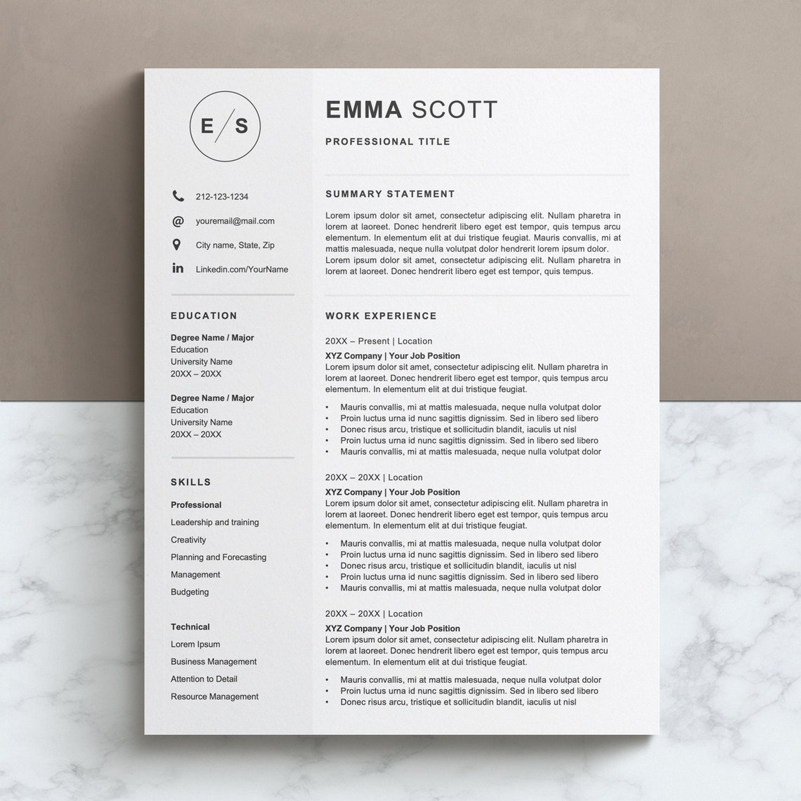 Monogram Resume, Resume Template Word, Google Docs Resume, One, Two ...