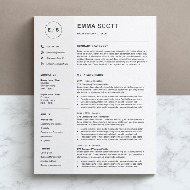 Monogram Resume, Resume Template Word, Google Docs Resume, One, Two ...