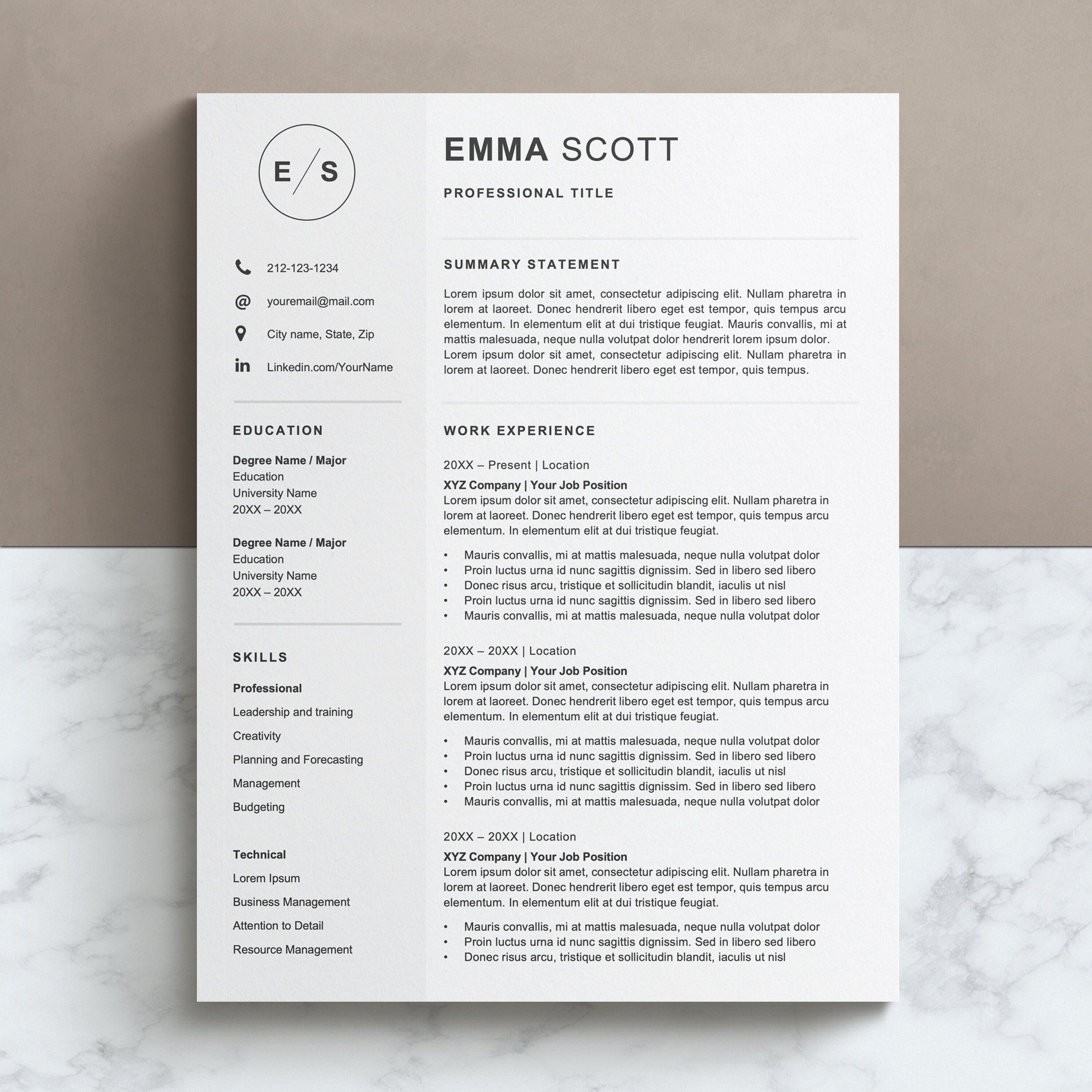 Monogram Resume, Resume Template Word, Google Docs Resume, One, Two ...