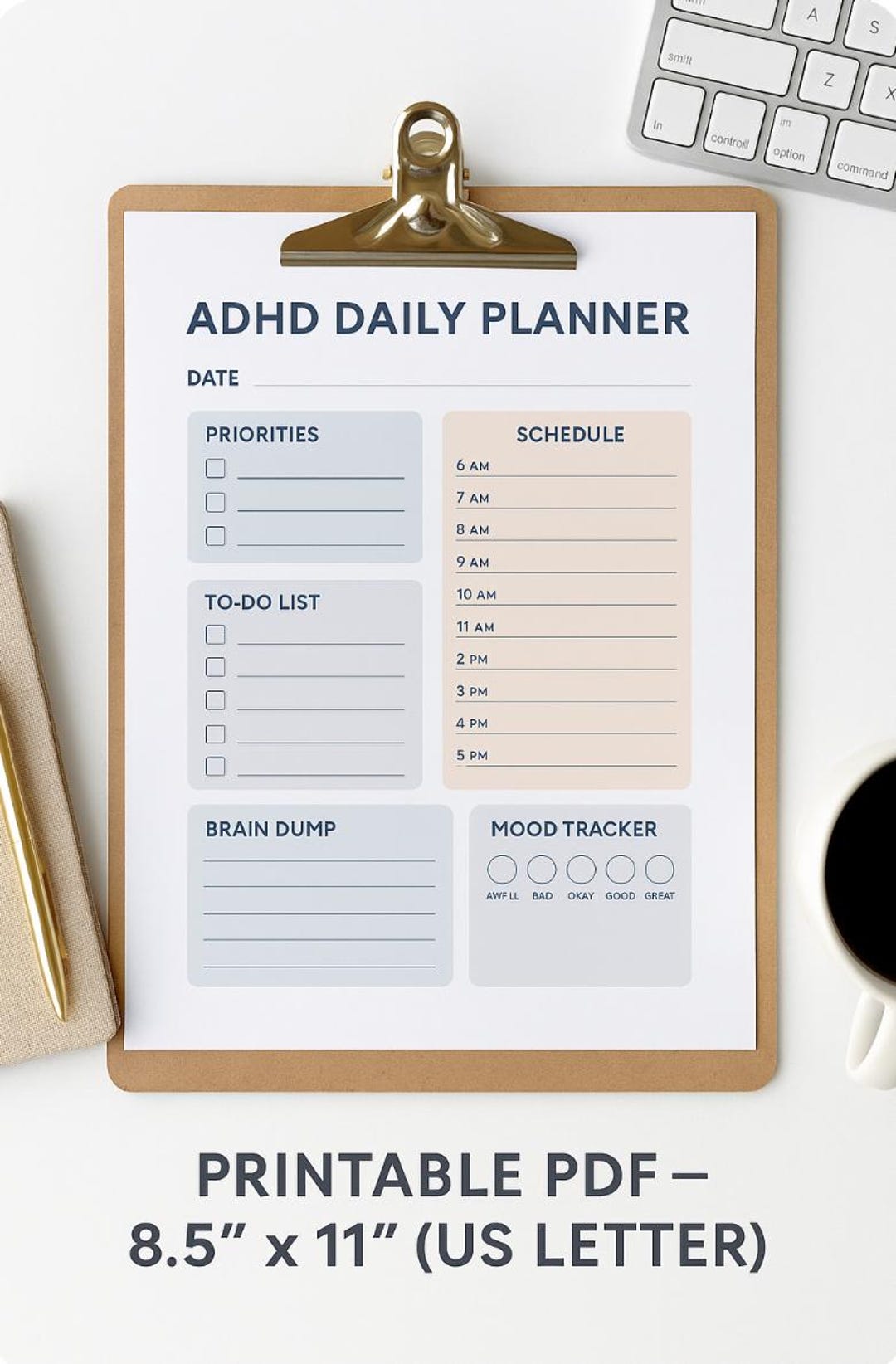 ADHD Daily Planner Printable PDF | Time Blocking and Focus Organizer ...