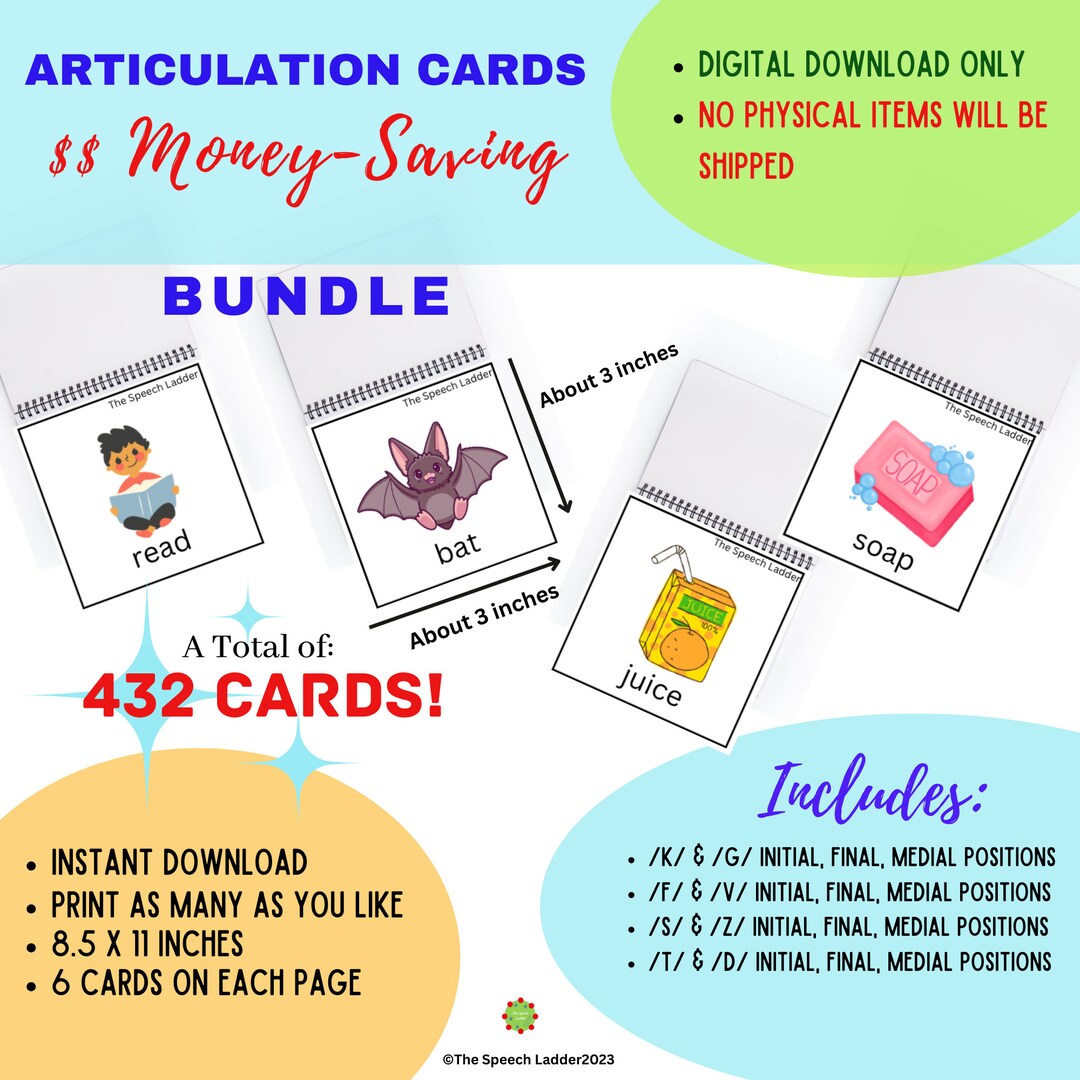 Articulation Cards Bundle, K, G, F, V, S, Z, T, D, in Initial, Final ...
