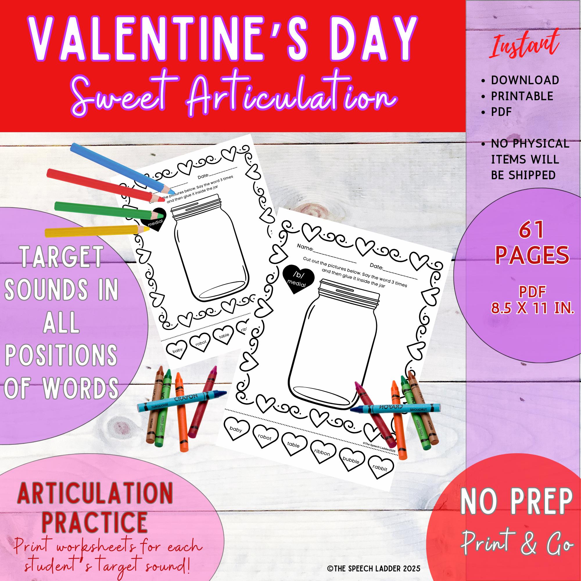 Valentine's Day Articulation Worksheets, Cut/paste Activity, Speech ...
