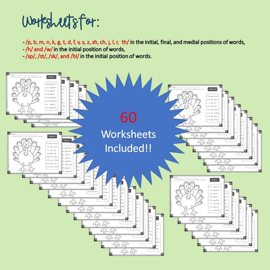 Thanksgiving Articulation Worksheets, Speech Therapy, Thanksgiving ...