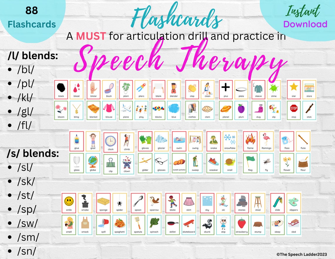 Speech Therapy Flashcards, Articulation Drill Cards, /s/ Blends, /l ...