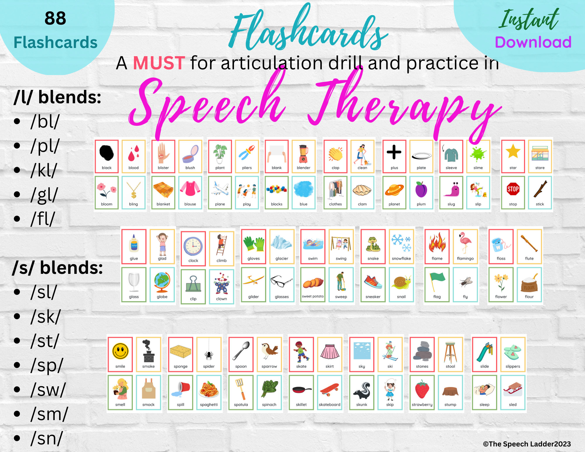 Speech Therapy Flashcards, Articulation Drill Cards, /s/ Blends, /l ...