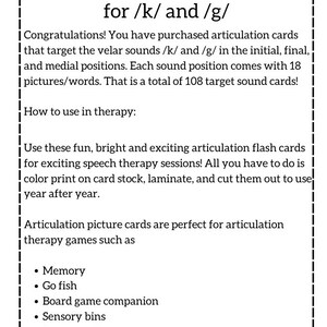 Speech Therapy /k/ & /g/ Articulation Cards, Digital Download - Etsy