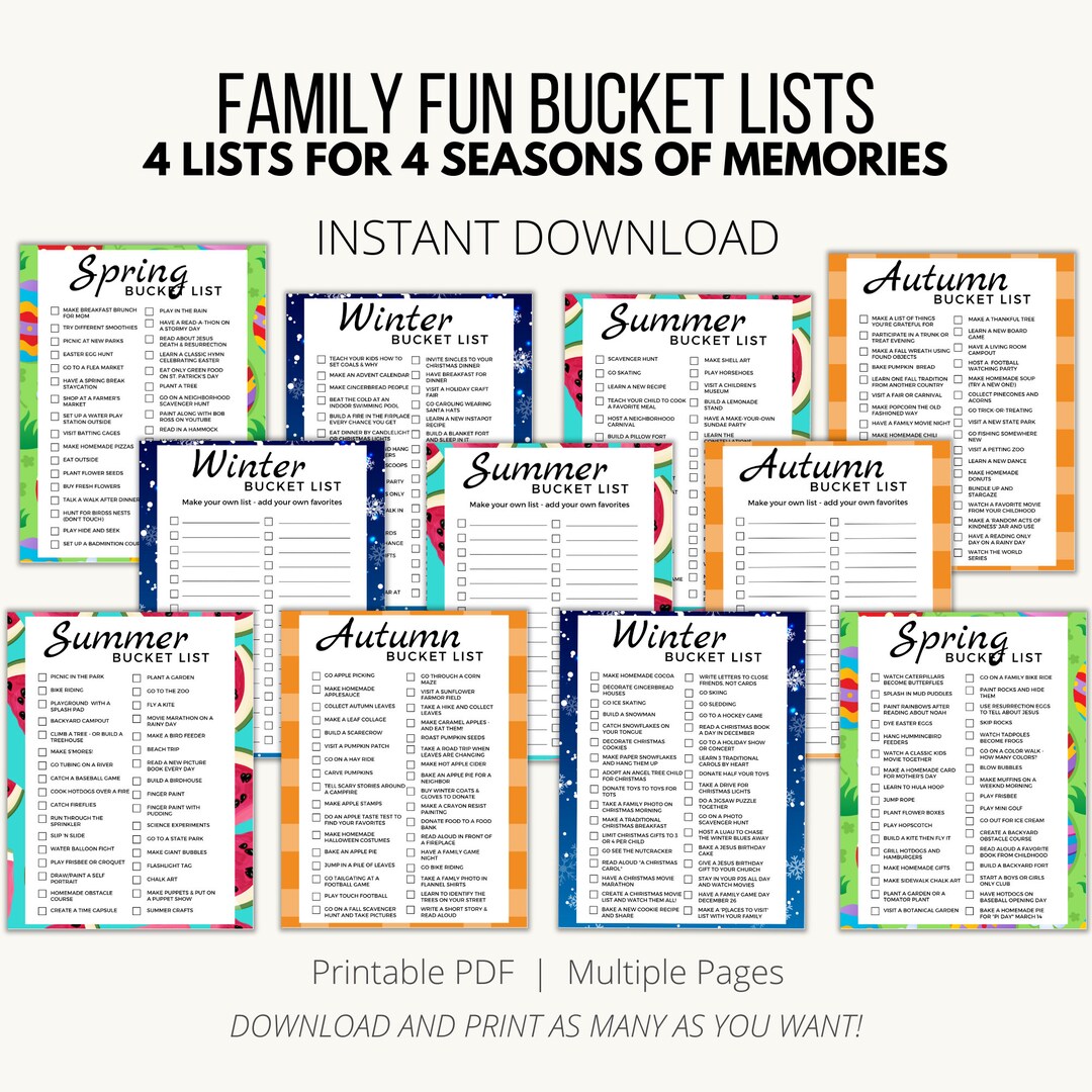 Family Fun Bucket Lists for All 4 Seasons; Summer Bucket List; Autumn ...