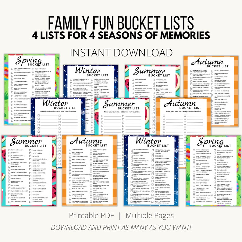 Family Fun Bucket Lists for All 4 Seasons; Summer Bucket List; Autumn ...