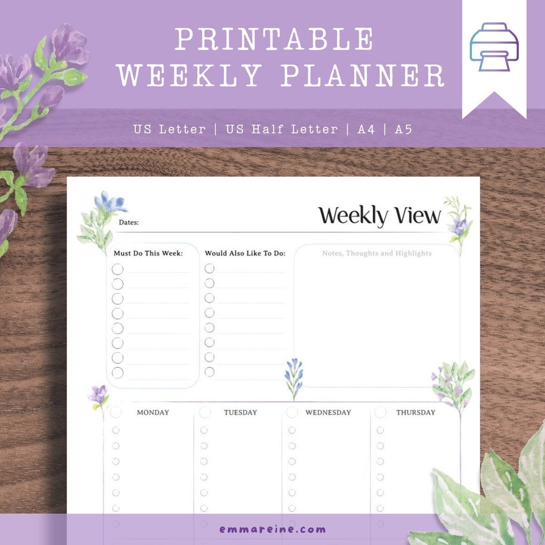 Simple Printable Weekly Planner, Purple and Blue Floral Theme, Undated ...