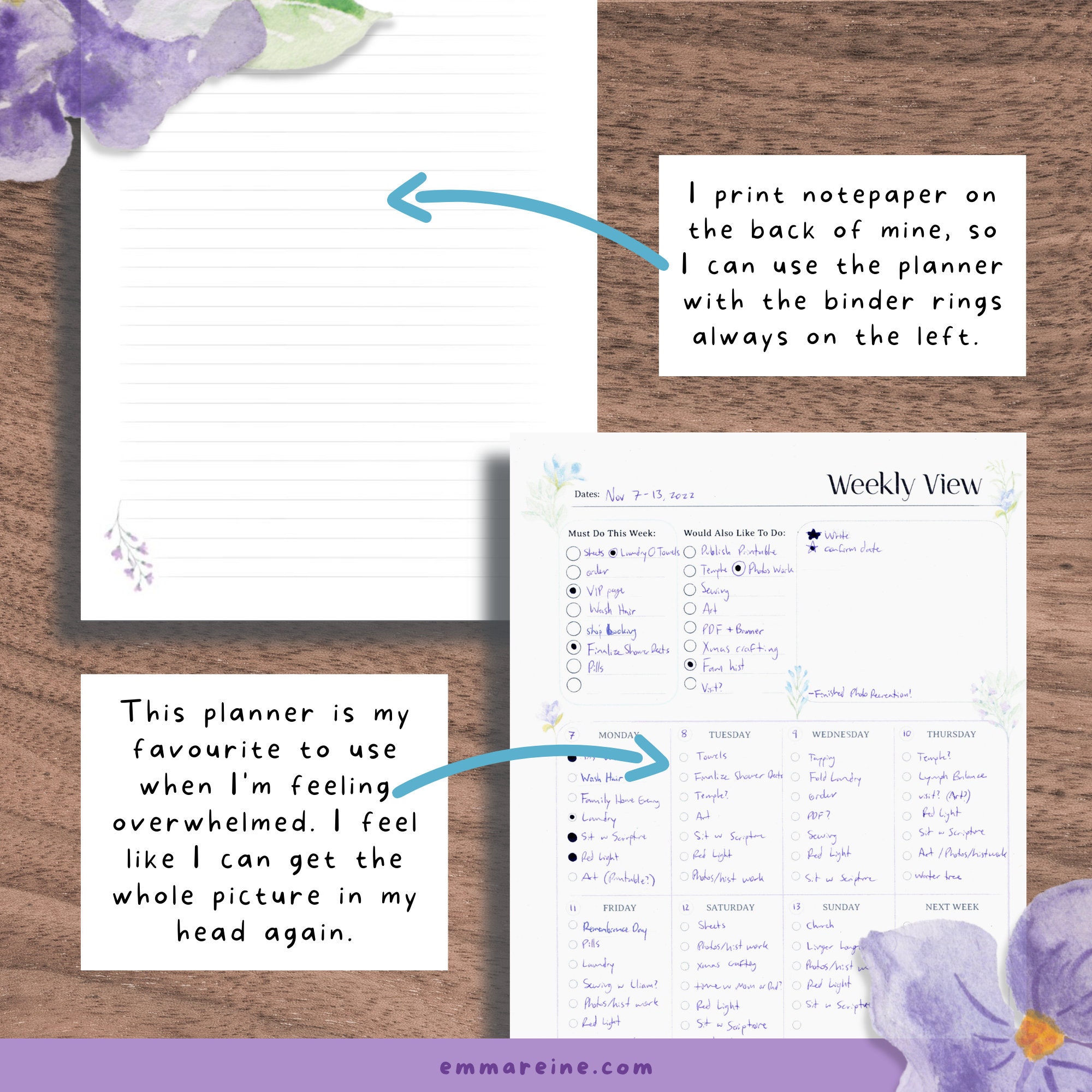 Simple Printable Weekly Planner, Purple and Blue Floral Theme, Undated ...