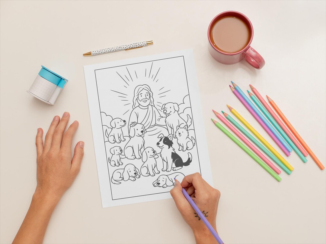 Jesus With Dogs in Heaven Printable Digital Christian Coloring Page ...