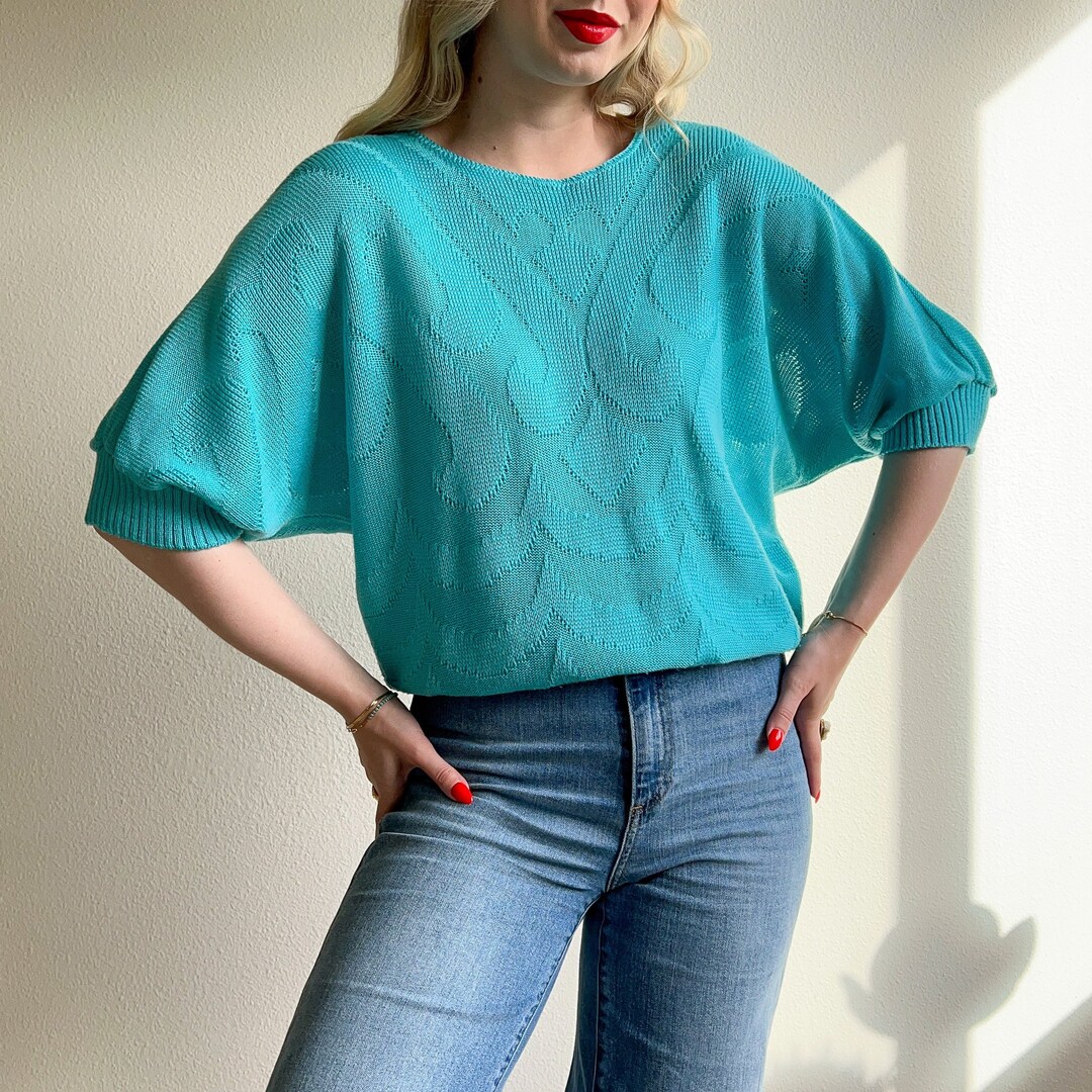 Vintage 1980s Draped Turquoise Knit Sweater (L/XL) - Etsy