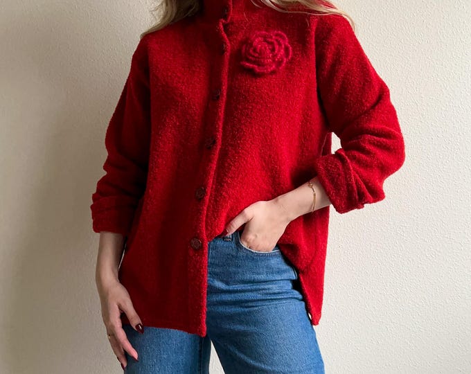 Vintage 1980s Red Boucle Cardigan With Flower Brooch M/L - Etsy
