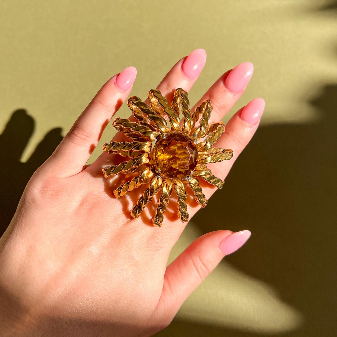 Vintage 1960s Gold Twisted Sunbeams Brooch With Citrine - Etsy