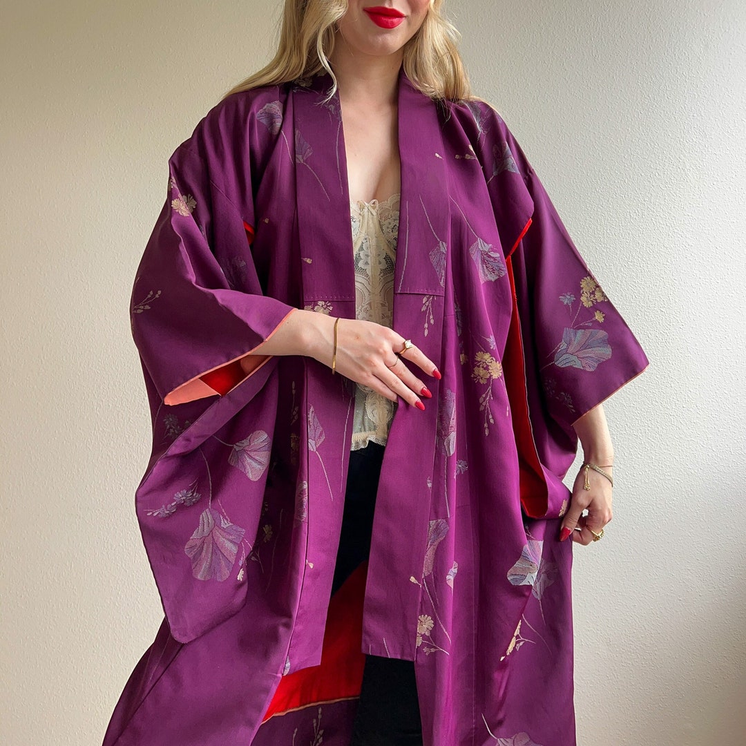 Vintage 1950s Tyrian Purple Kimono With Bright Red Lining (OSFM) - Etsy