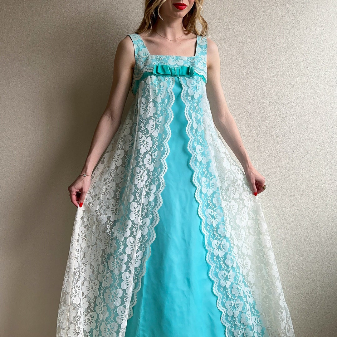 Vintage 1960s Turquoise Gown With White Lace Overlay S - Etsy