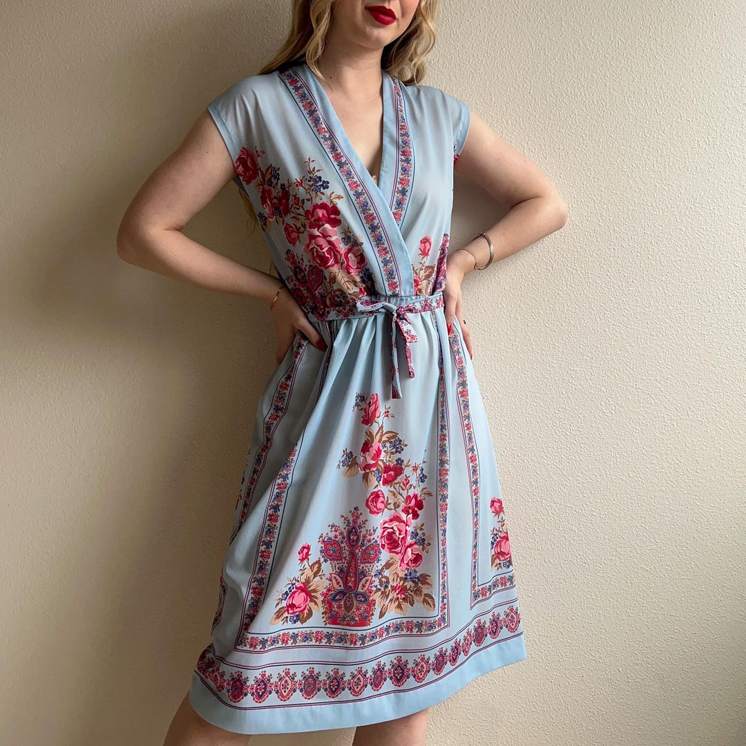 Vintage 1970s Blue Dress With Pink Floral Print (M/L) - Etsy