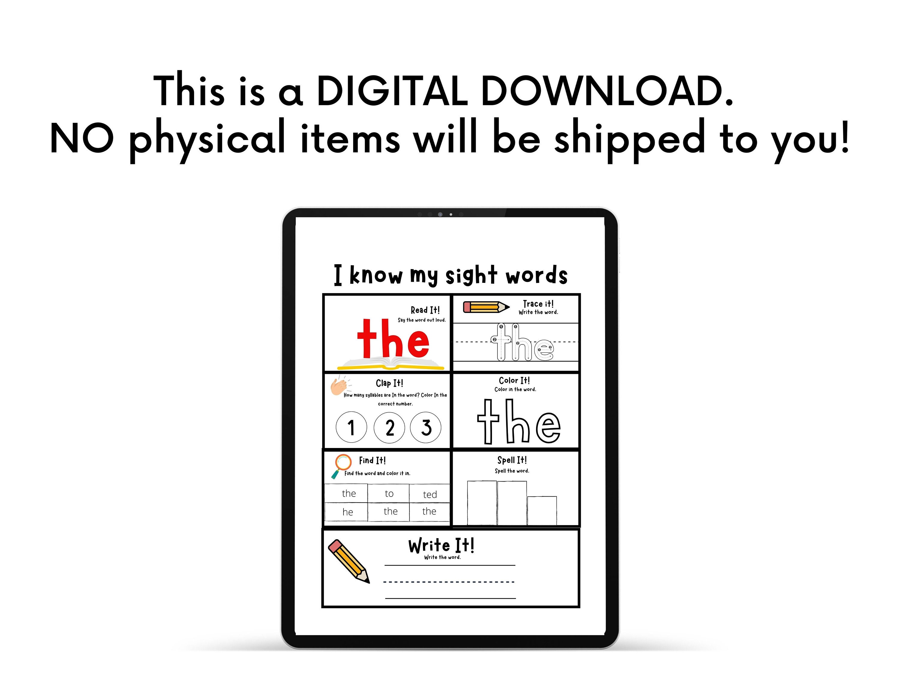 Printable Sight Word Worksheet Pack, Pre-k and Kindergarten Worksheets ...