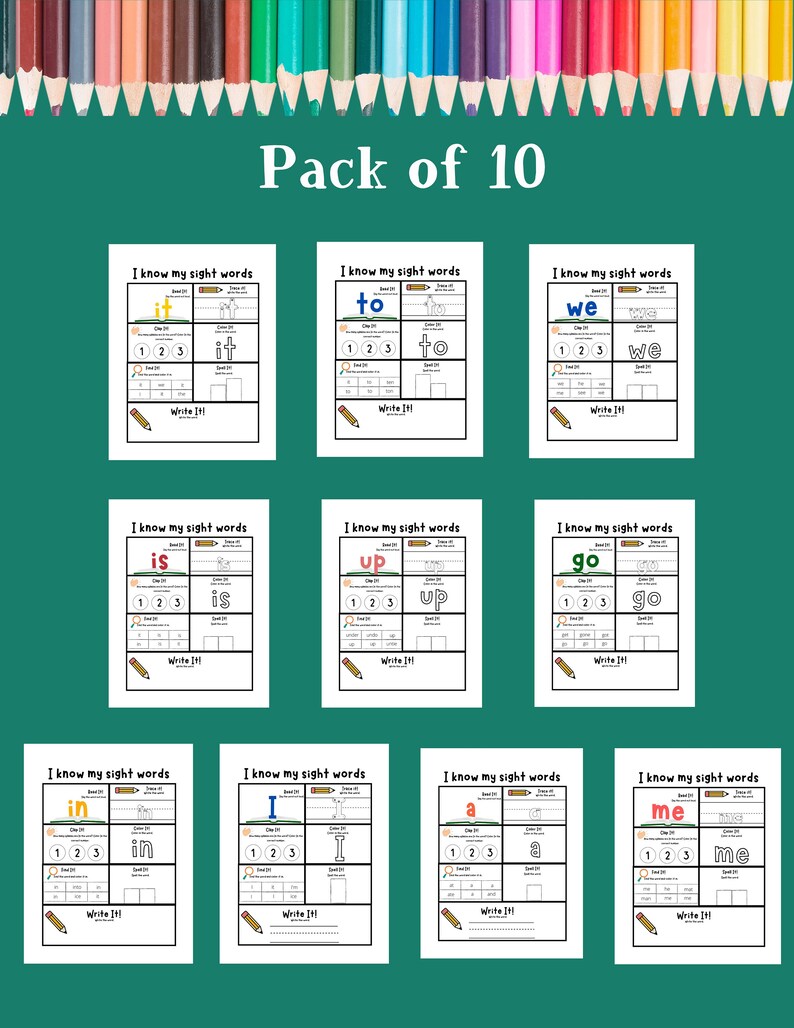 Printable Sight Word Worksheet Pack, Pre-k and Kindergarten Worksheets ...