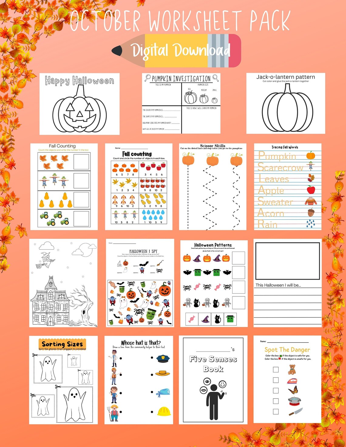 Pack of 15 Printable Worksheets, Pre-k, Kindergarten, Worksheets ...