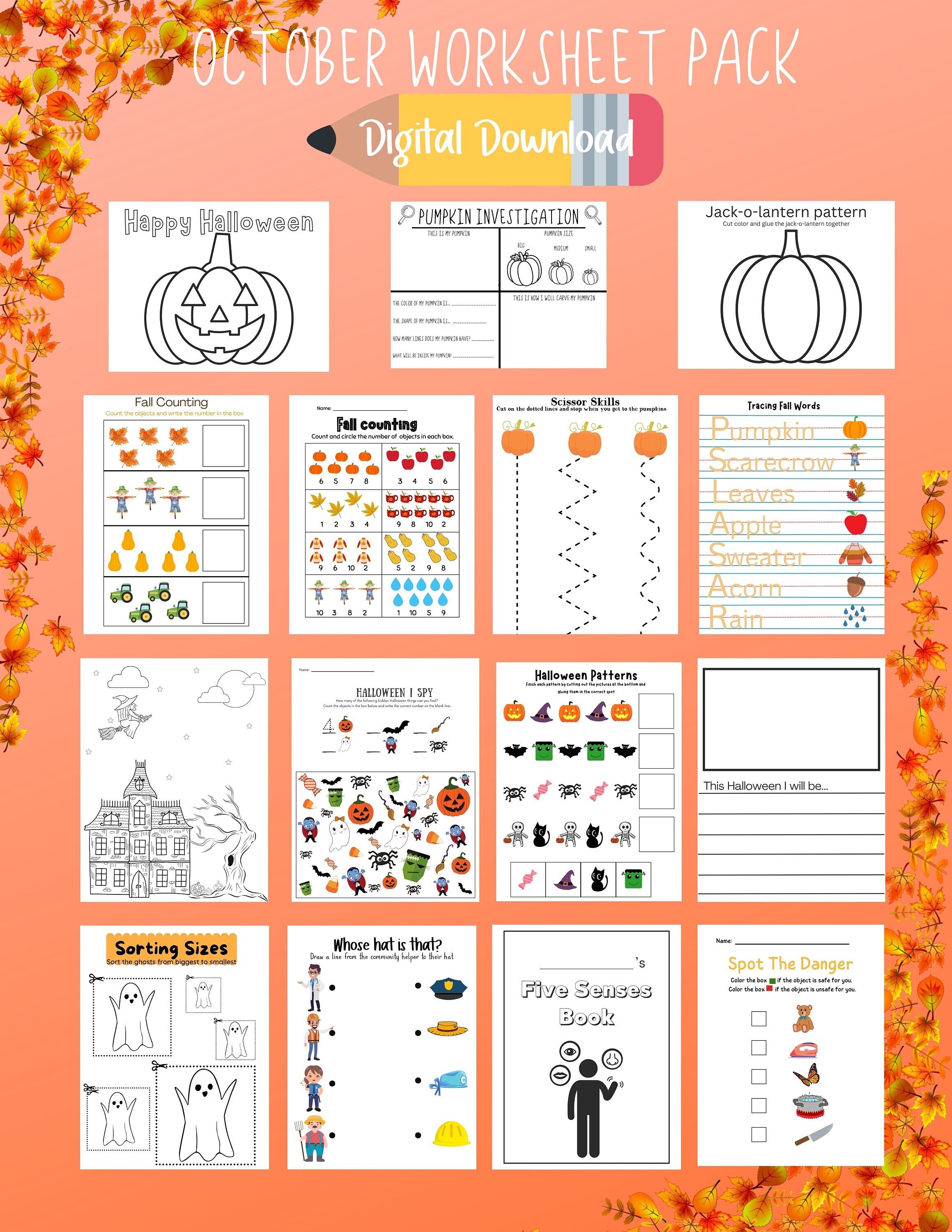 Pack of 15 Printable Worksheets, Pre-k, Kindergarten, Worksheets ...