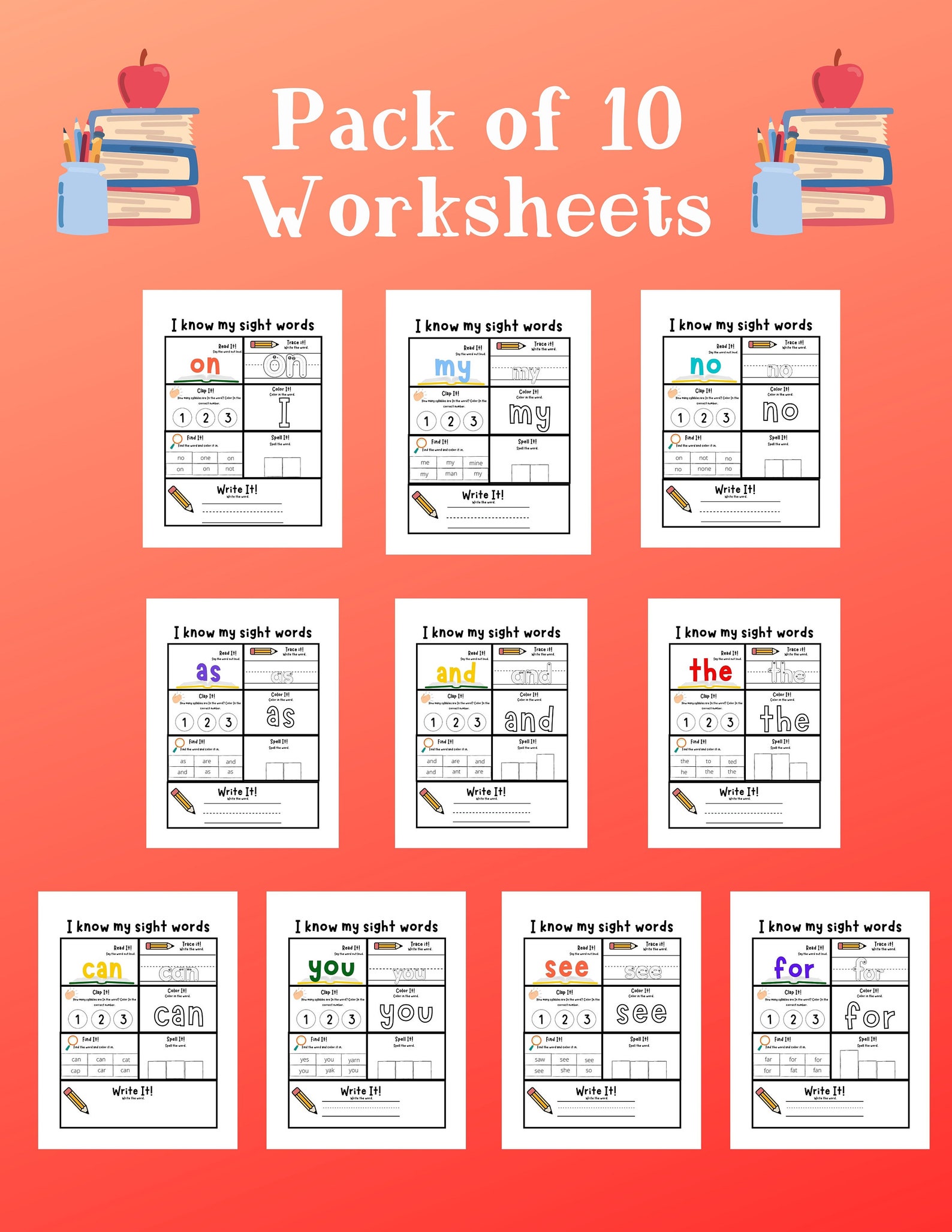 Printable Sight Word Worksheet Pack, Pre-k and Kindergarten Worksheets ...