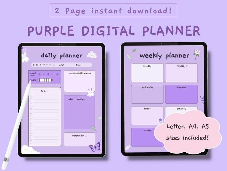 Cute Purple Digital Planner, Printable Daily and Weekly Planner, Purple ...