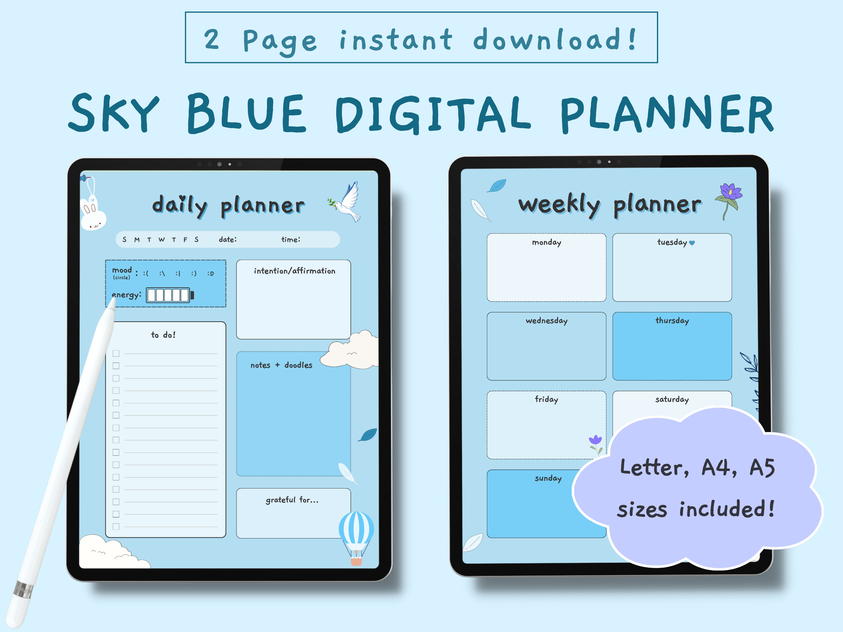 Cute Blue Digital Planner Sheets, Kawaii Blue Daily Planner, Cute ...