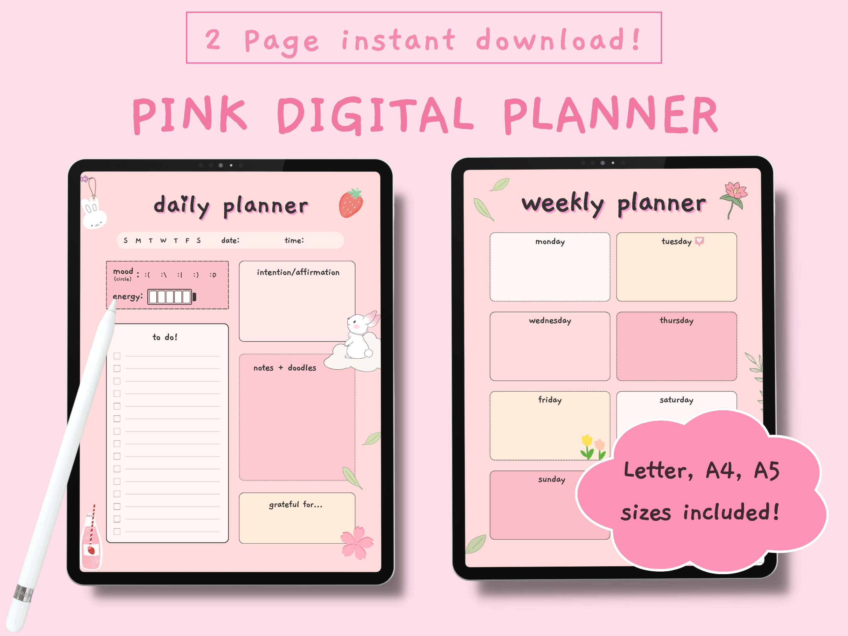 Cute Pink Planner Bundle, Pink Digital Planner, Instant Download ...