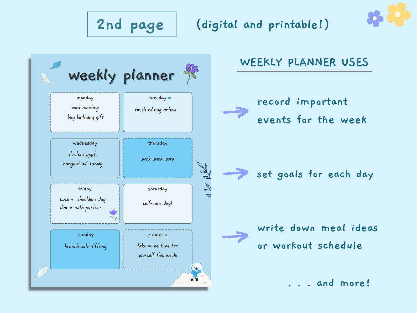 Cute Blue Digital Planner Sheets, Kawaii Blue Daily Planner, Cute ...