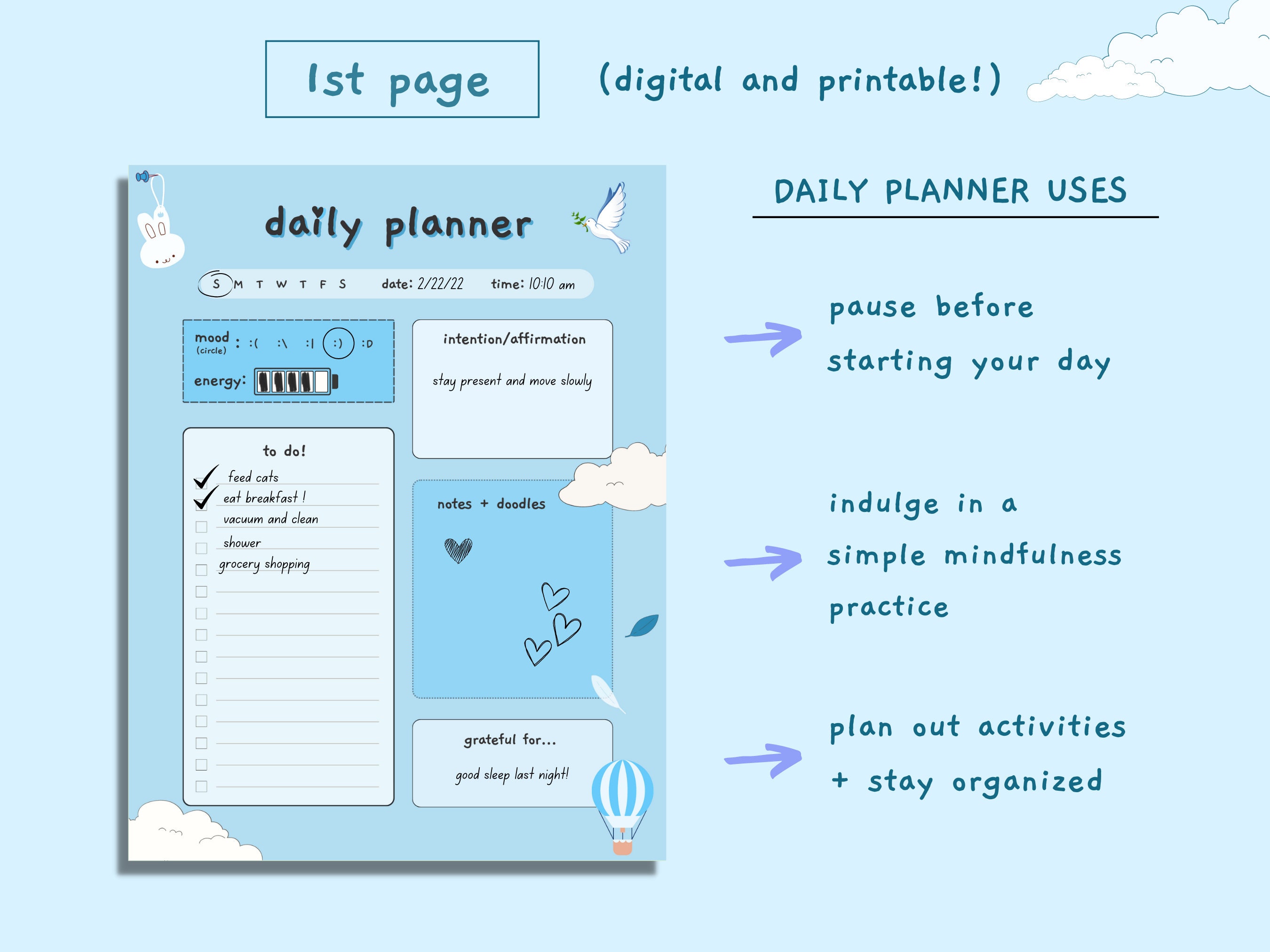 Cute Blue Digital Planner Sheets, Kawaii Blue Daily Planner, Cute ...