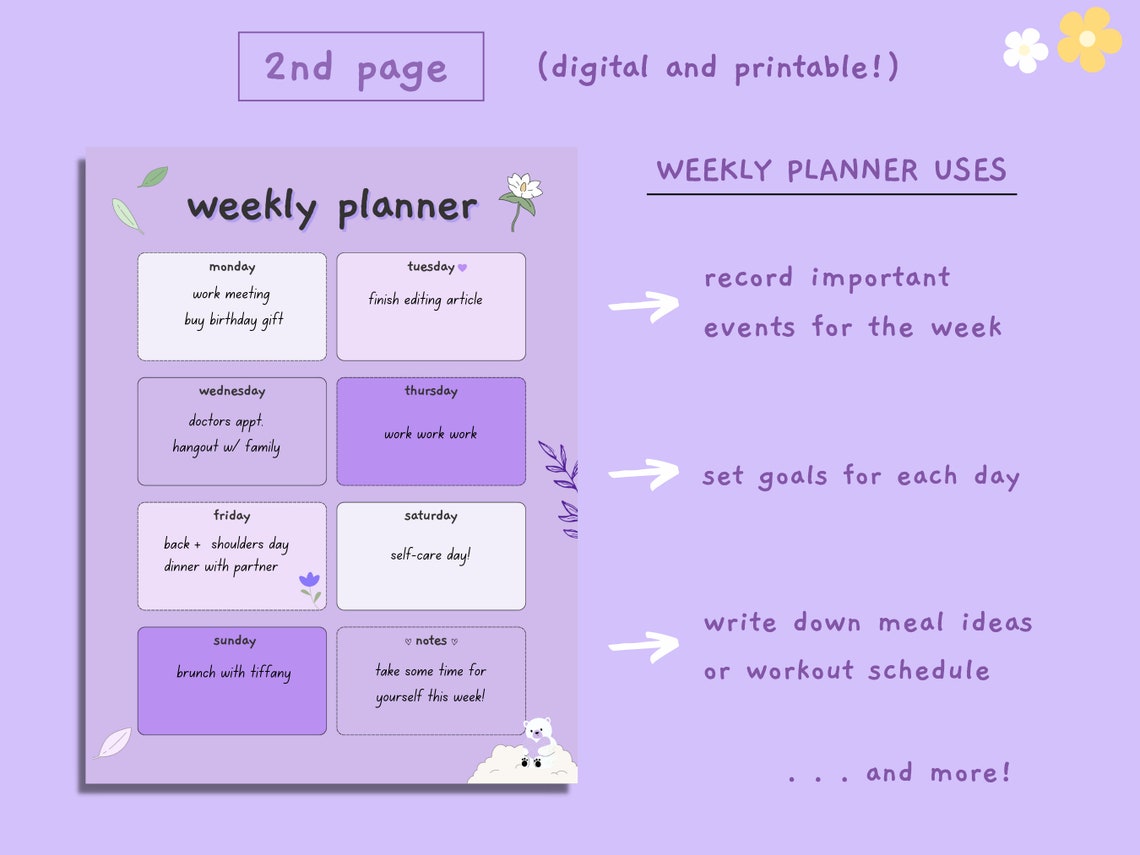 Cute Purple Digital Planner, Printable Daily and Weekly Planner, Purple ...