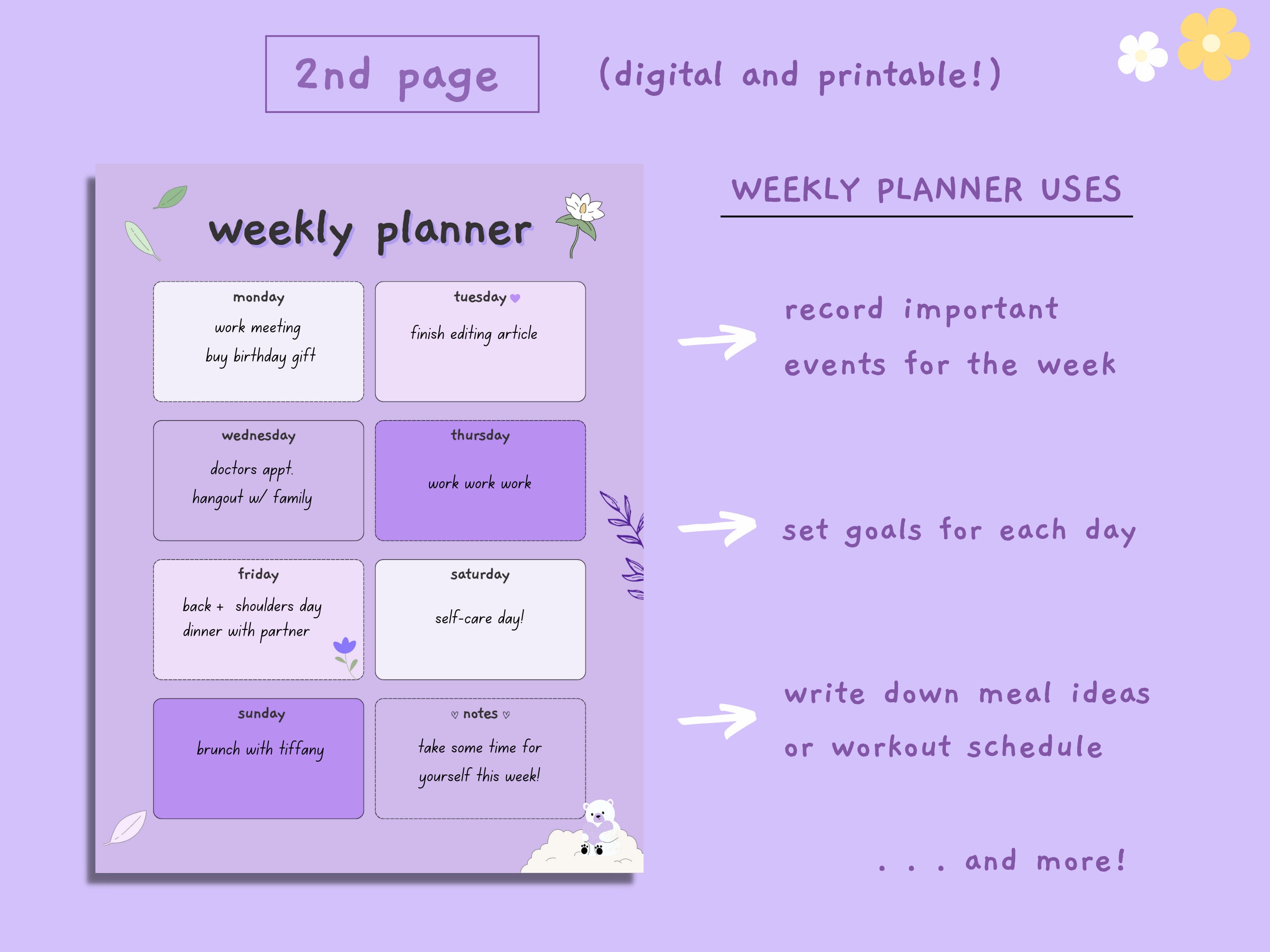 Cute Purple Digital Planner, Printable Daily and Weekly Planner, Purple ...