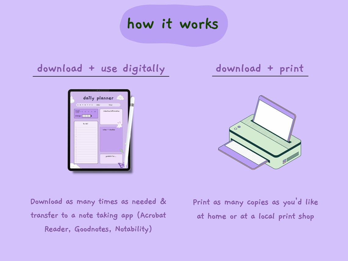 Cute Purple Digital Planner, Printable Daily and Weekly Planner, Purple ...