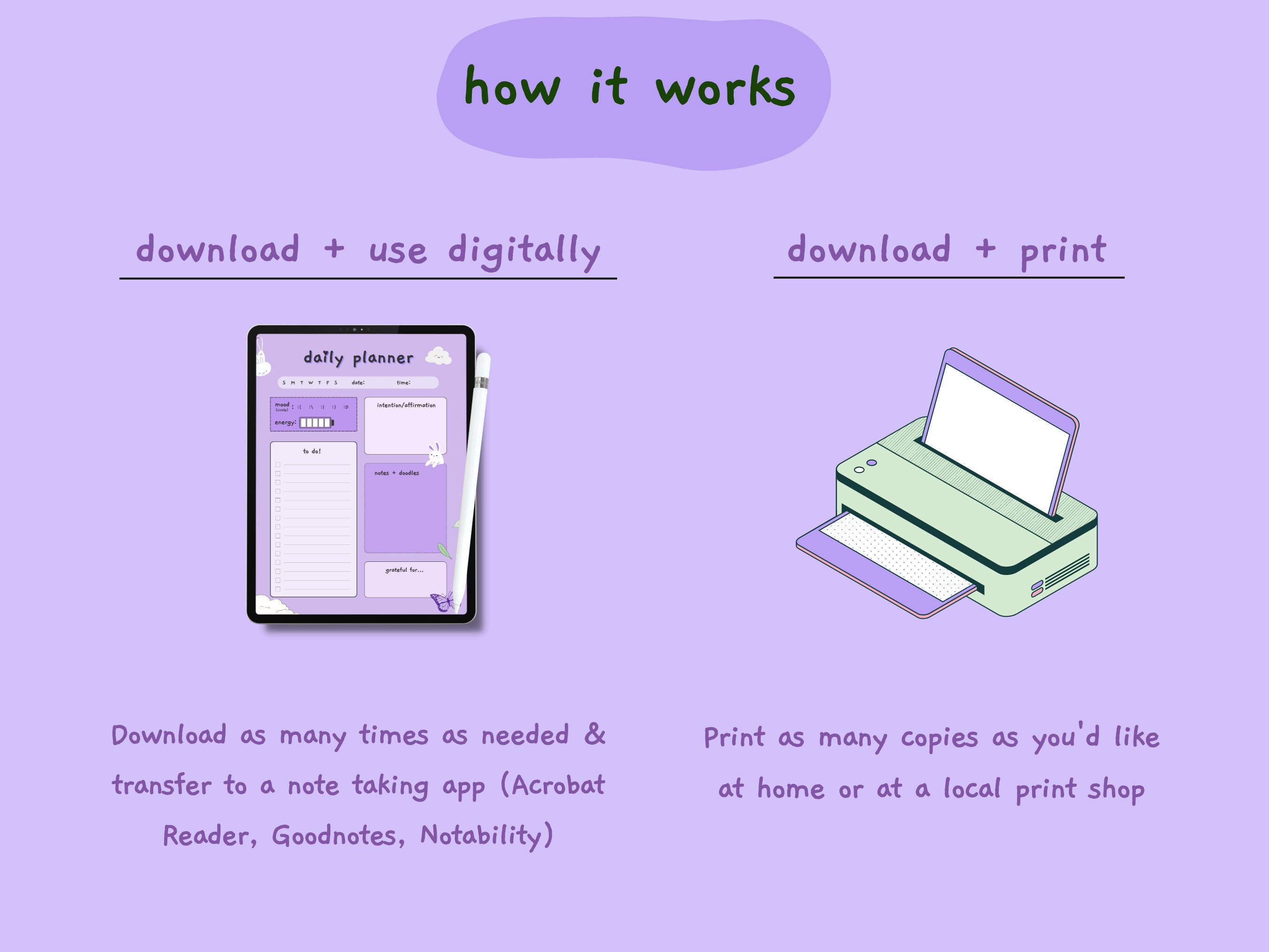 Cute Purple Digital Planner, Printable Daily and Weekly Planner, Purple ...